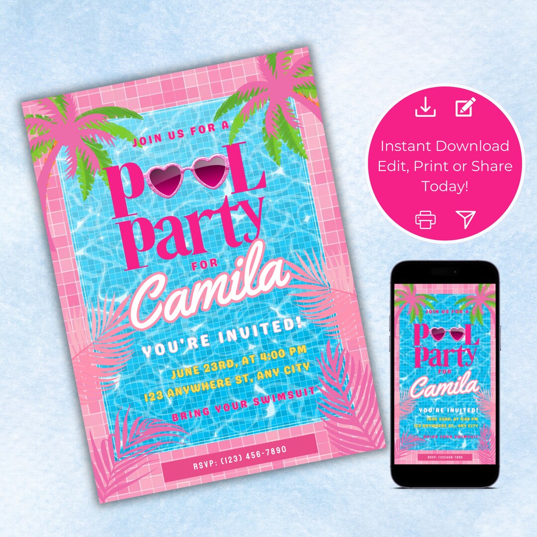 Pool Party Invitation, Hot Pink Girl's Birthday Invite,editable ...