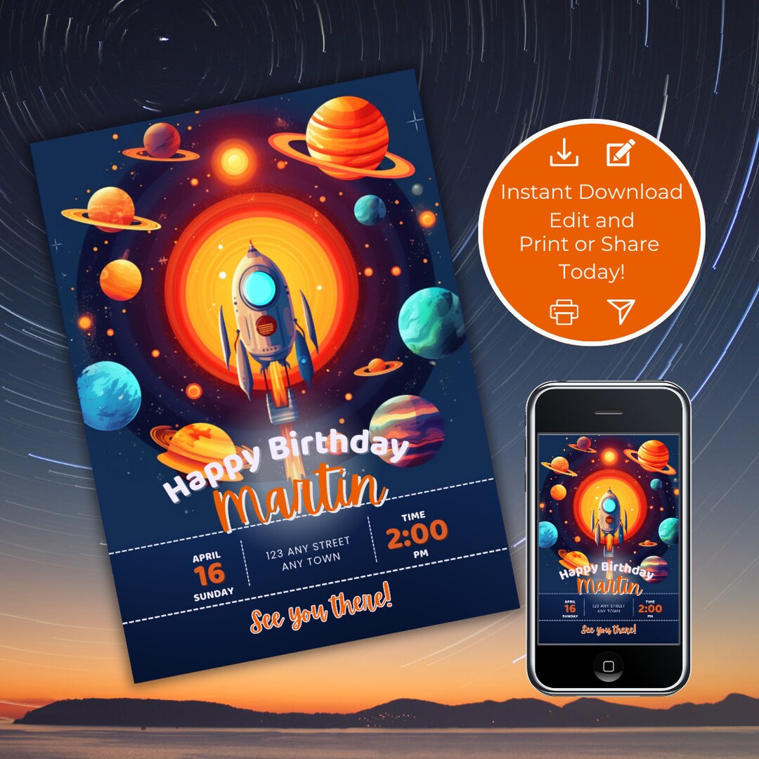 Editable Space Rocket Birthday Invitation, Space Party, Editable ...