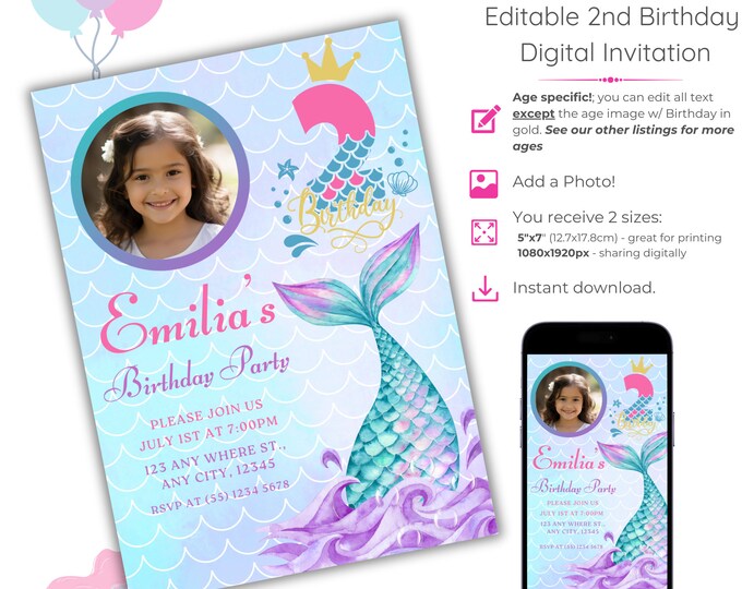 Mermaid Party Birthday Invitation Girl With Photo Picture Under the Sea ...
