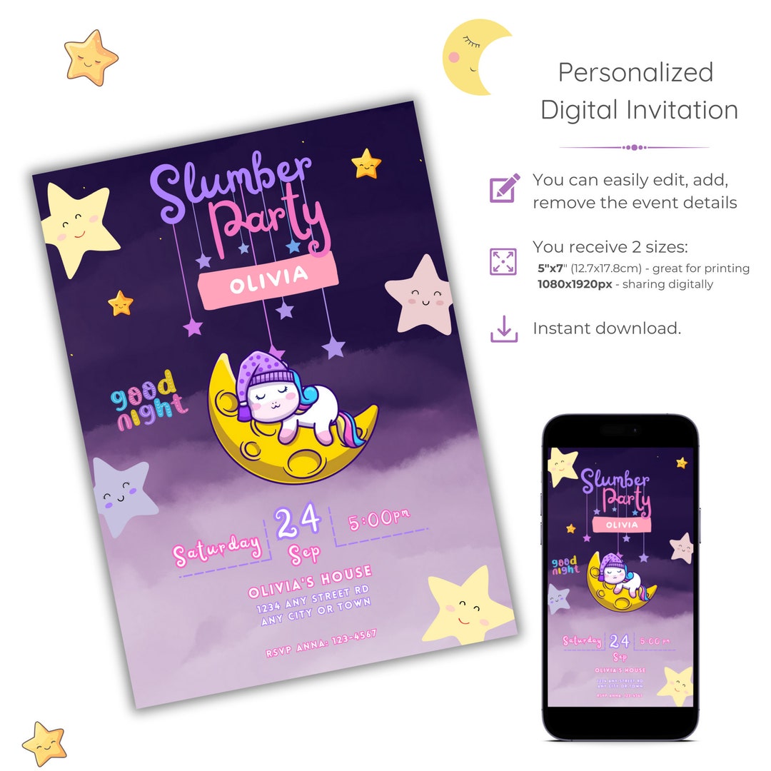 Unicorn Slumber Party Invitation: Editable Sleepover Invite (digital ...