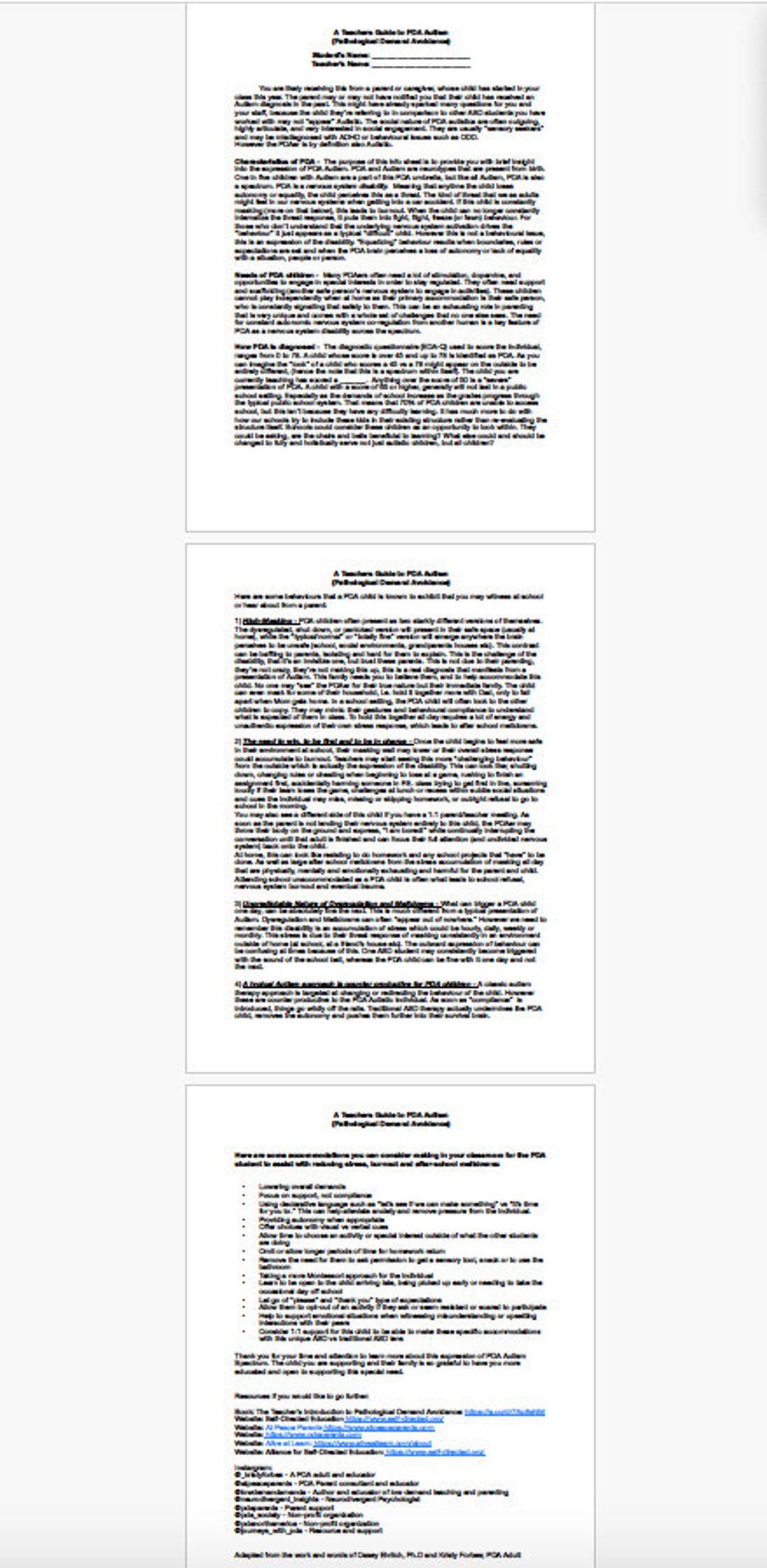 3 Page Summary; PDA Information Sheet. Made for Teachers, Educators ...
