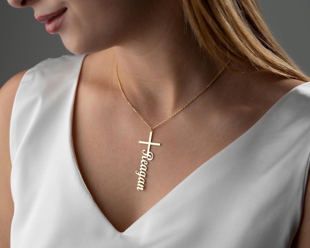 Personalized Gold Cross Necklace: Custom Vertical Name Pendant, - Etsy