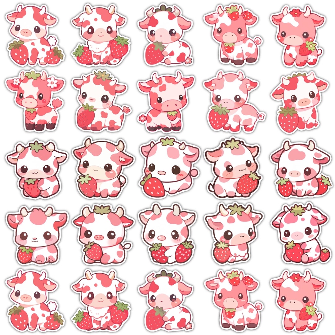 24 Strawberry Cow Stickers Pack Kawaii Cute Decoration Adorable Cuties ...