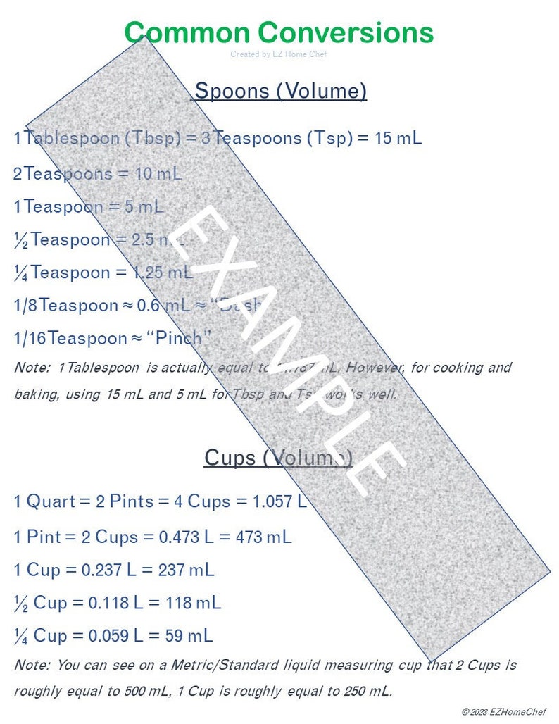 Common Conversions Chart for Baking and Cooking - Cups and Spoons - Etsy