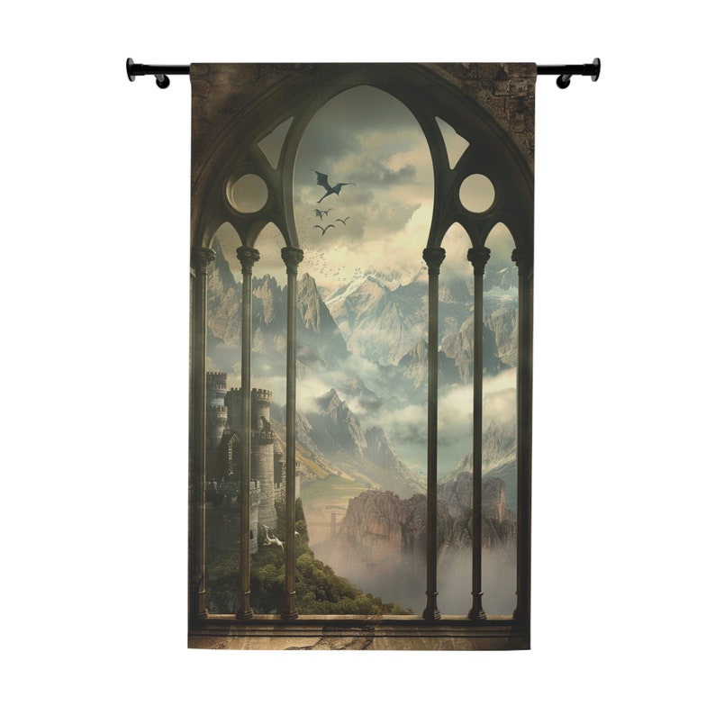 Window Blackout Curtain - #8 Fantasy Castle Window With Misty Mountains ...