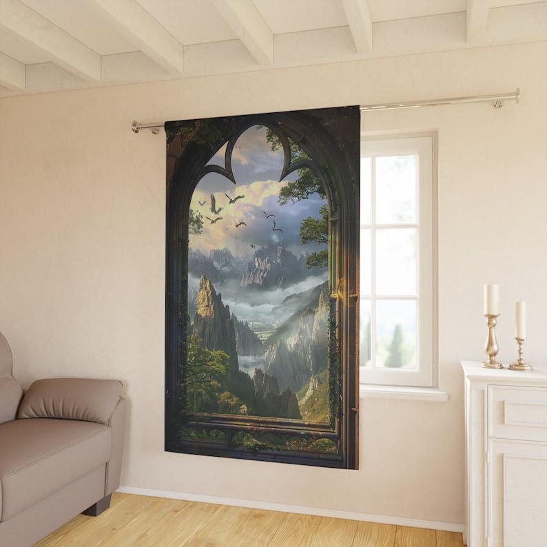 Window Blackout Curtain - #5 Fantasy Castle Window With Misty Mountains ...
