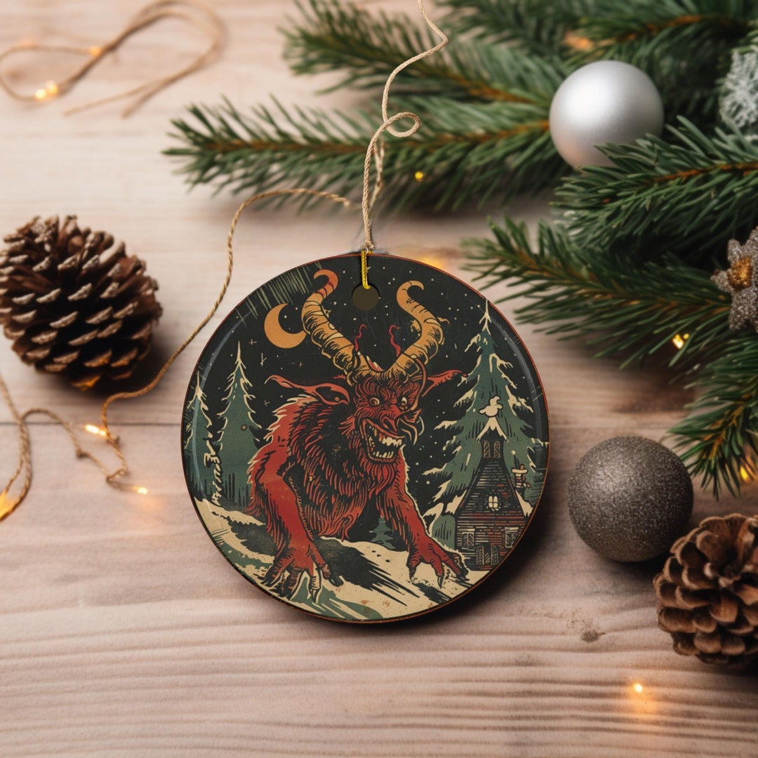 Red Krampus Vintage Style Ceramic Christmas Ornament in Dark Snowy ...