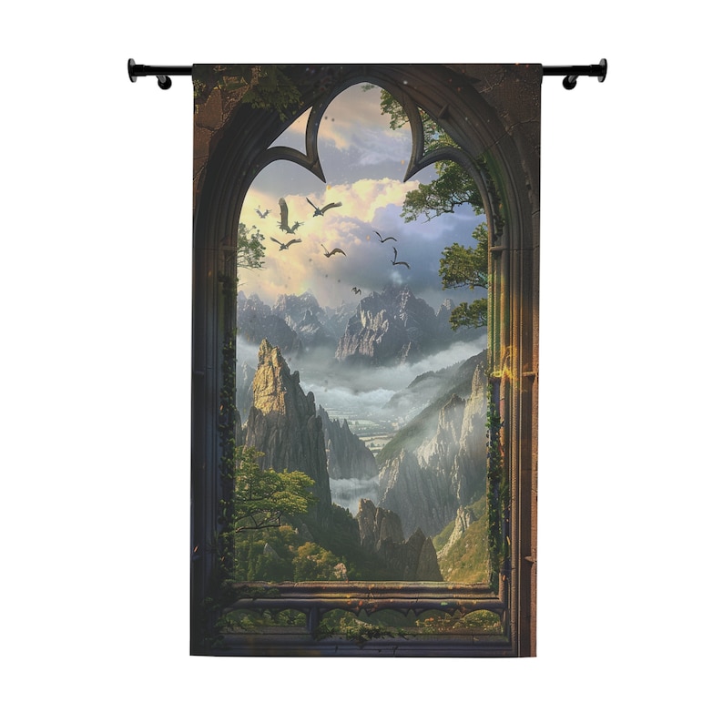 Window Blackout Curtain - #5 Fantasy Castle Window With Misty Mountains ...