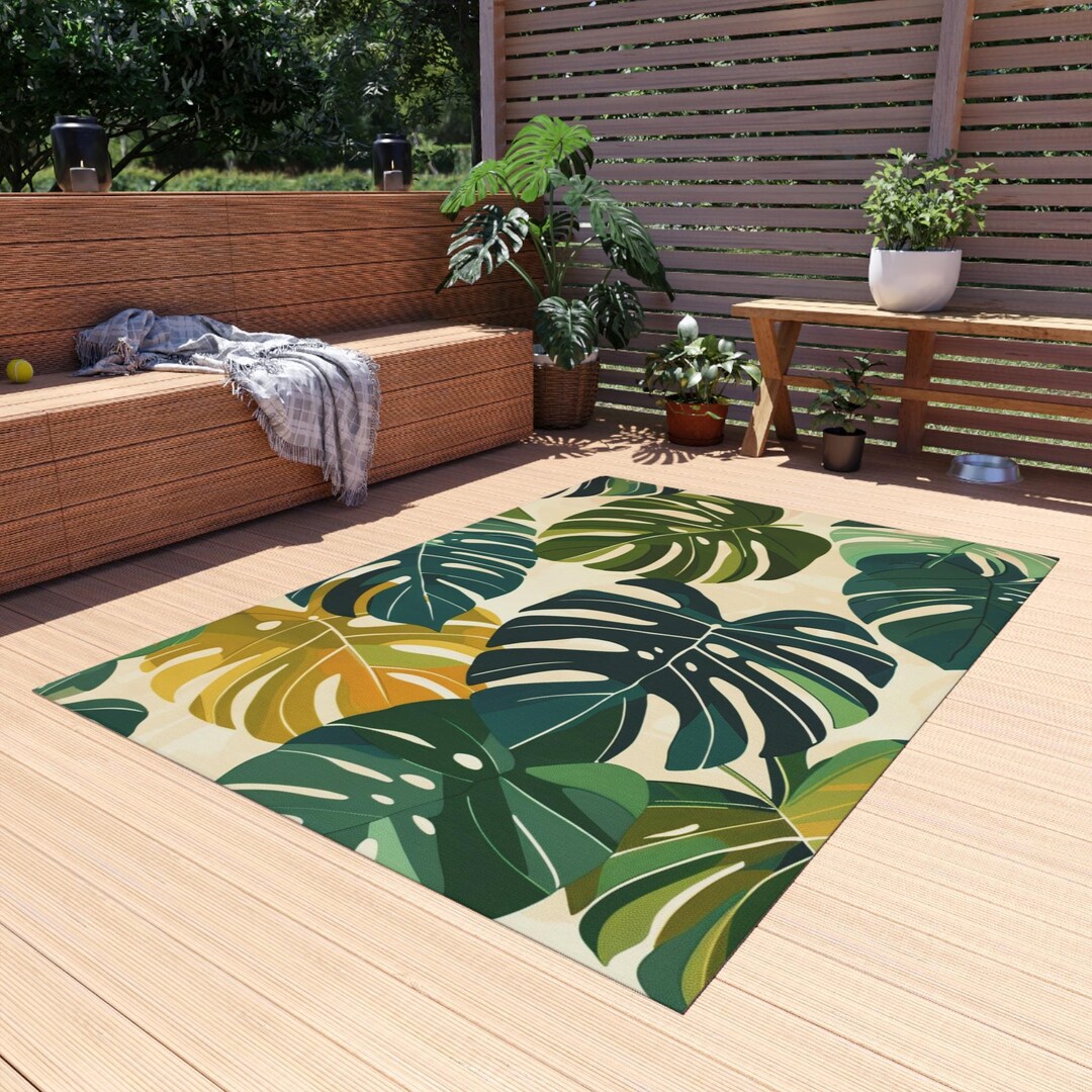 Tropical Monstera Leaf Outdoor Rug Bold Botanical Patio Decor Non-slip ...