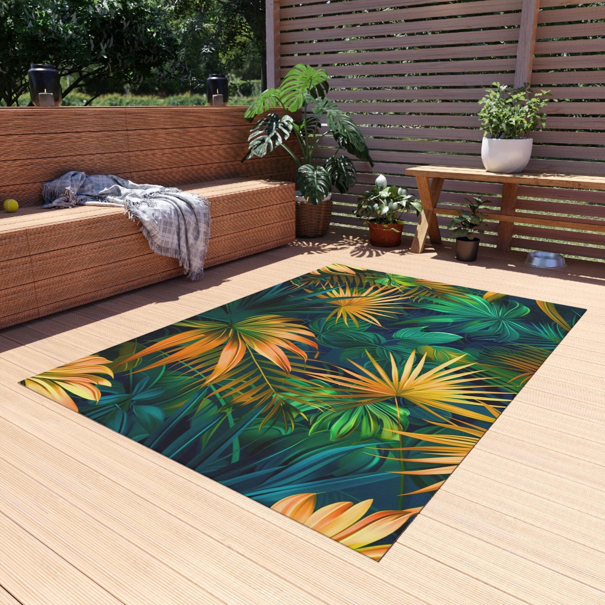 Lush Tropical Palm Leaf Outdoor Rug Green & Yellow Botanical Patio ...