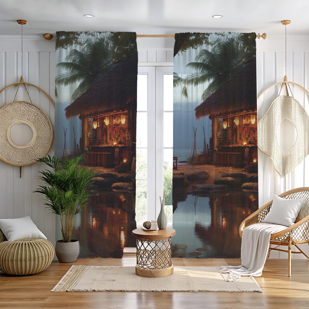 Tropical Beach Lagoon Tiki Bar Blackout Curtain | Island Vibes Home ...
