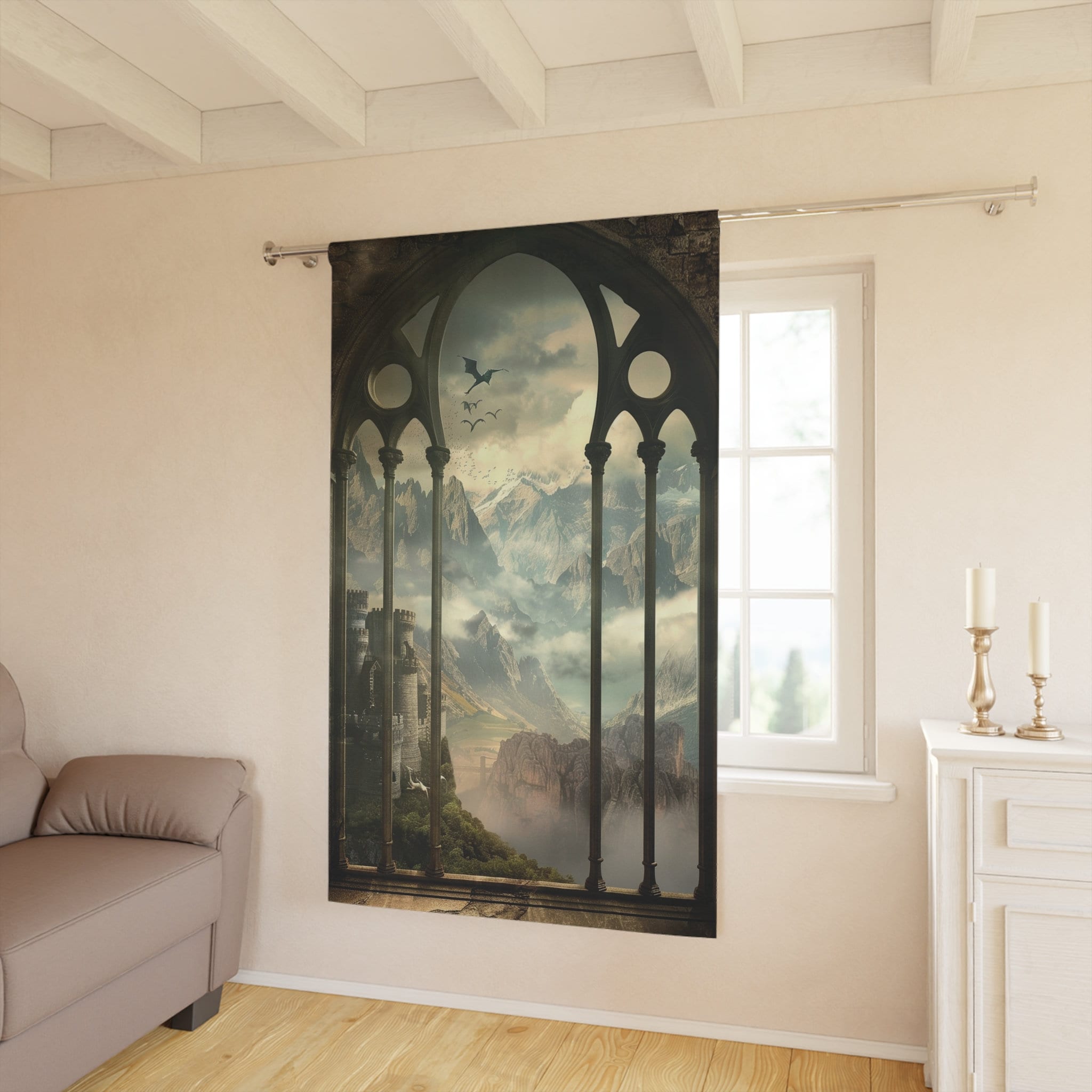 Window Blackout Curtain - #8 Fantasy Castle Window With Misty Mountains ...