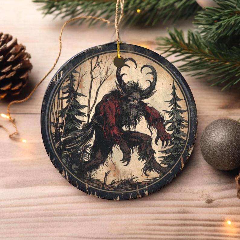 Horned Krampus in Red Robe Creeping in the Woods Ceramic Ornament ...