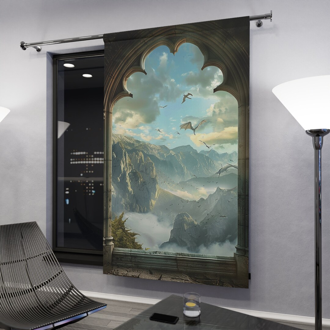 Window Blackout Curtain - #6 Fantasy Castle Window With Misty Mountains ...