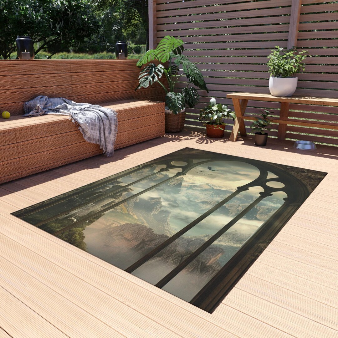 Fantasy Castle & Flying Dragons Outdoor Rug Magical World Design Non ...