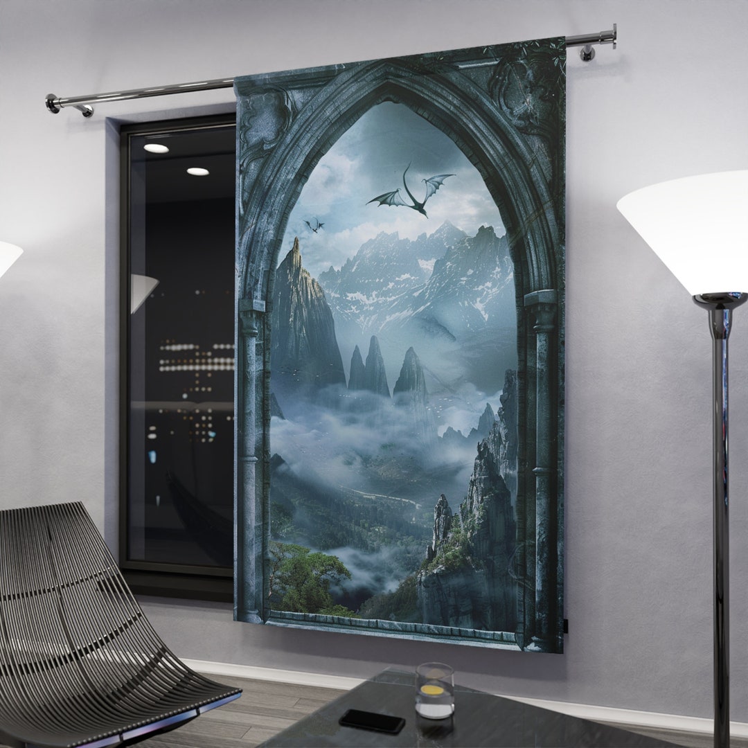 Window Blackout Curtain - #4 Fantasy Castle Window With Misty Mountains ...
