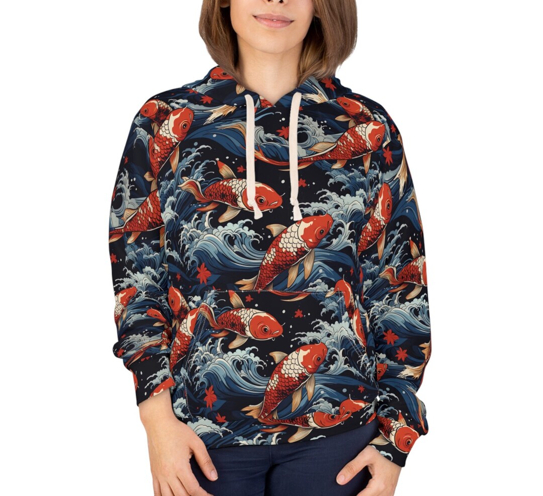 Japanese Koi Fish Hoodie - All Over Print - Black Background - Waves ...