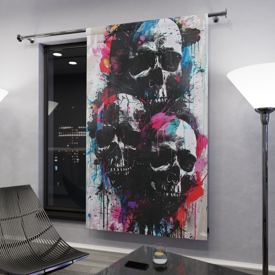 Window Blackout Curtain - Black & White Skulls With Graffiti Splashes ...