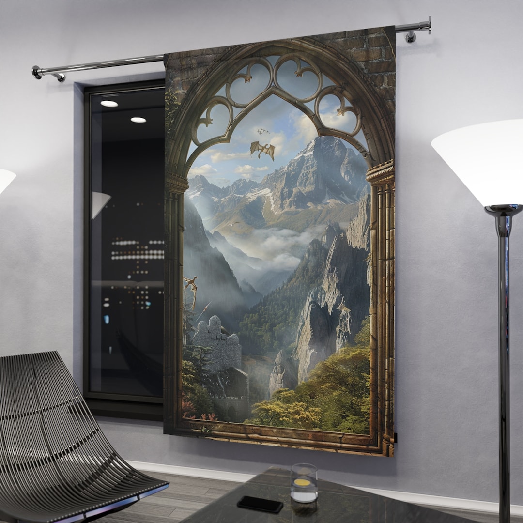 Window Blackout Curtain - #1 Fantasy Castle Window With Misty Mountains ...