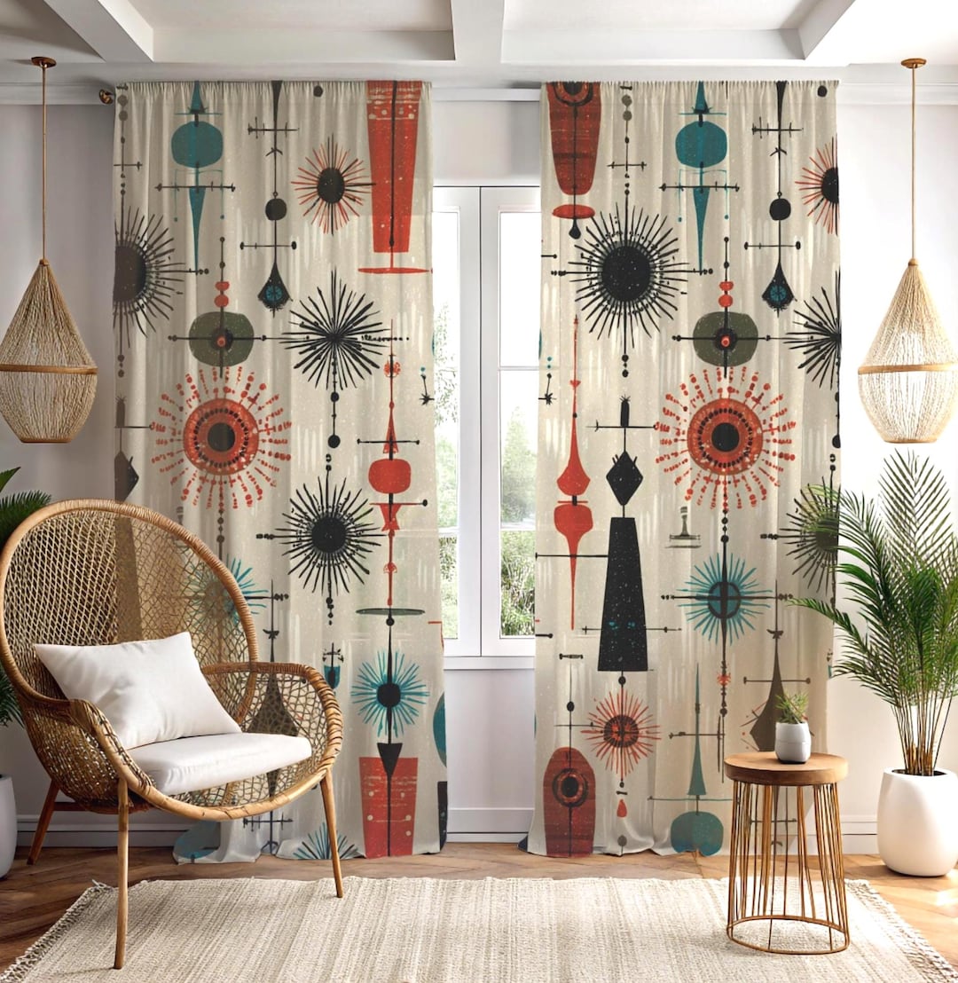 Retro Mid Century Modern Blackout Curtain | Cream With Atomic Bursts ...