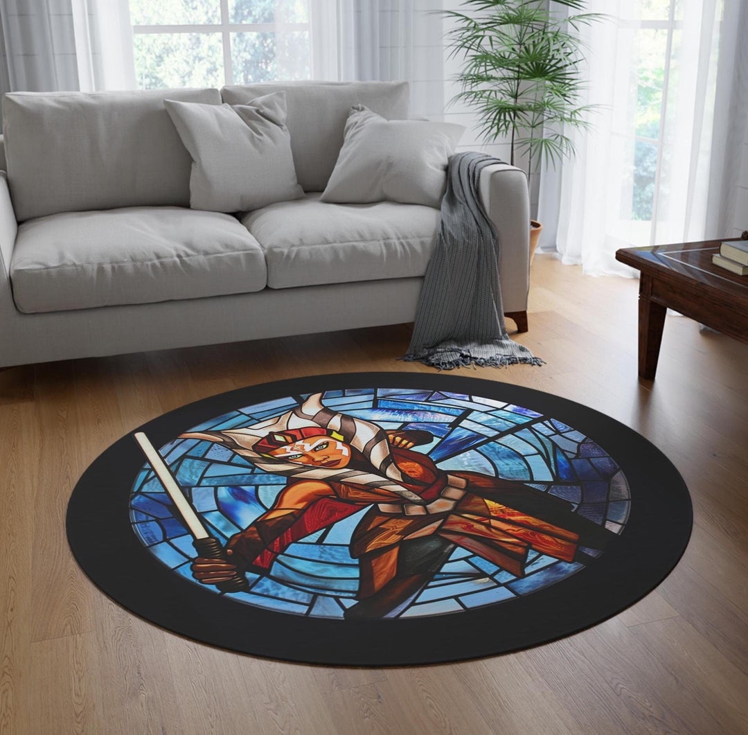 Bold Warrior Ready for Battle Round Stained Glass Style Rug Colorful ...