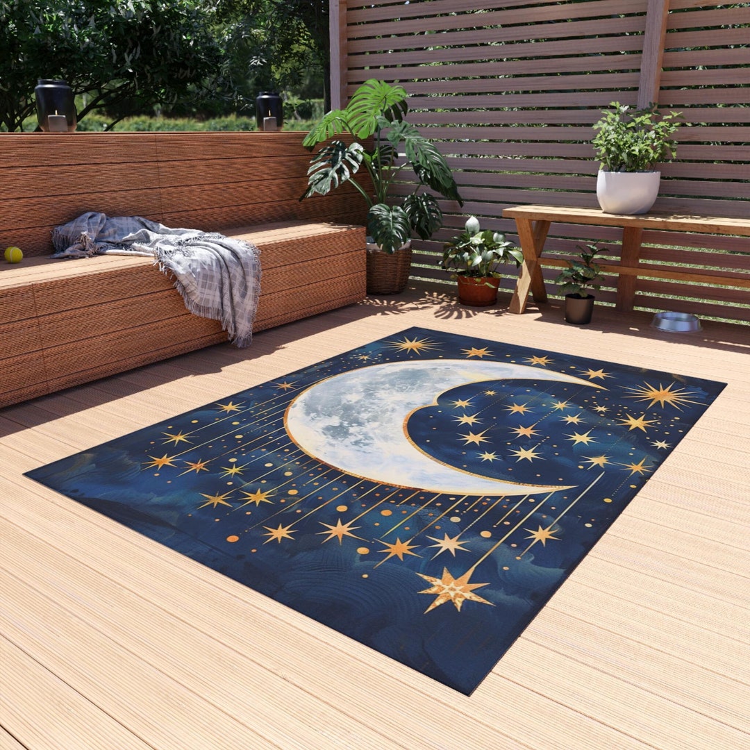 Art Deco Crescent Moon & Gold Stars Indoor/outdoor Rug | Deep Blue ...