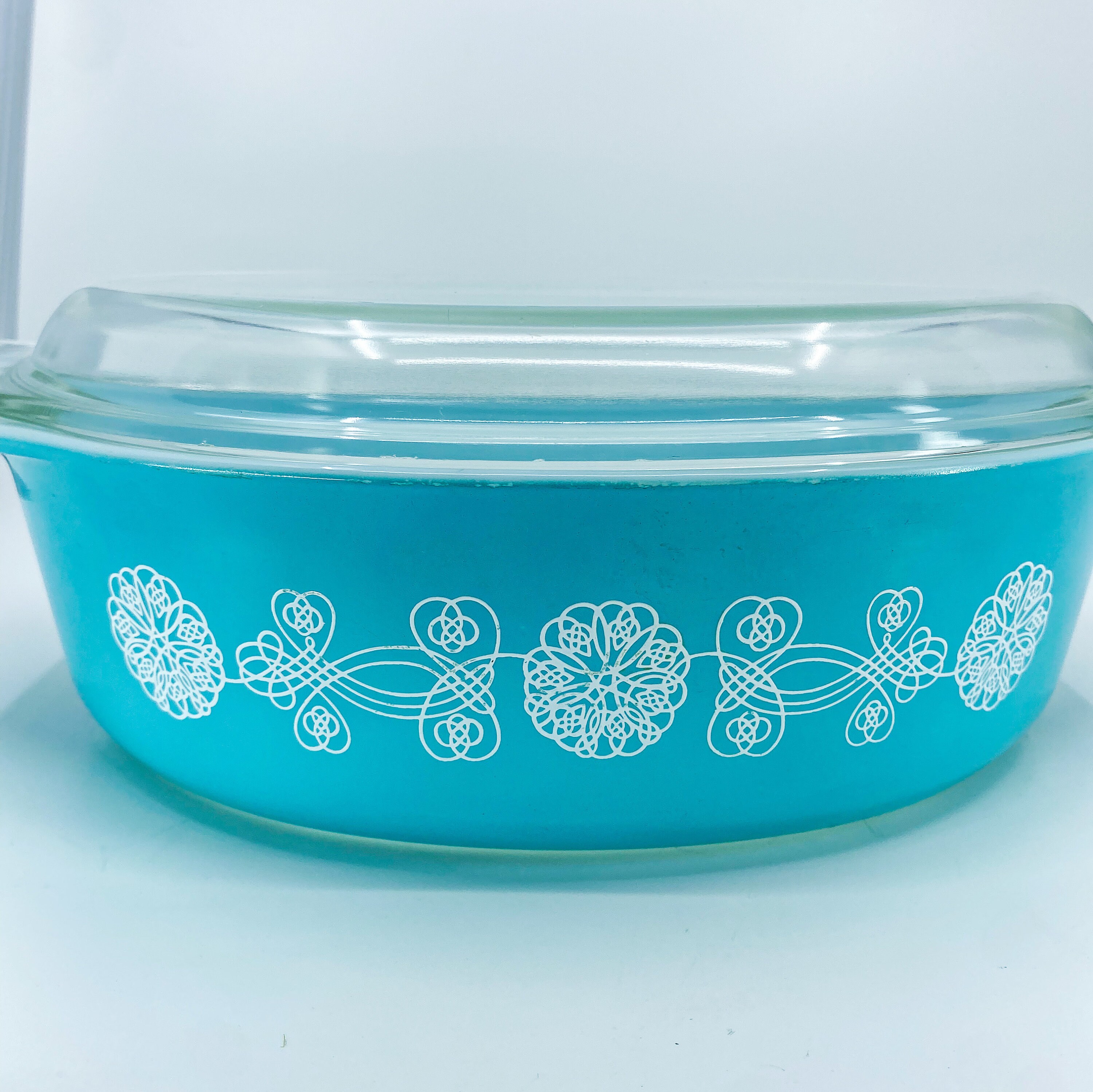 Vintage 1957 Pyrex Promo Turquoise Lace Medallion 045 Dish W/ Lid and ...