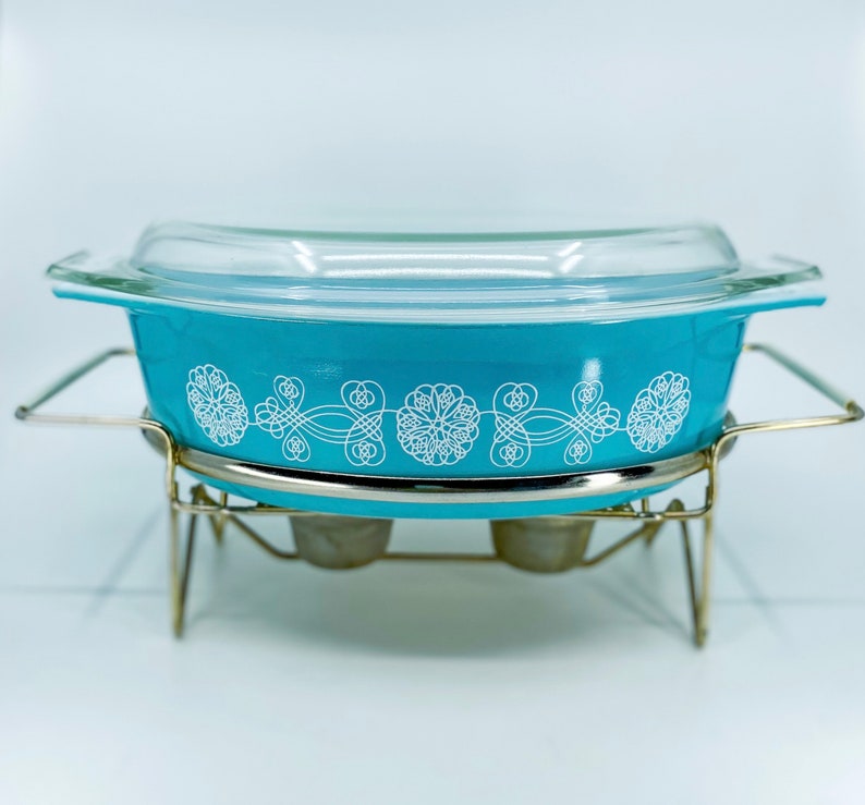 Vintage 1957 Pyrex Promo Turquoise Lace Medallion 045 Dish W/ Lid and ...