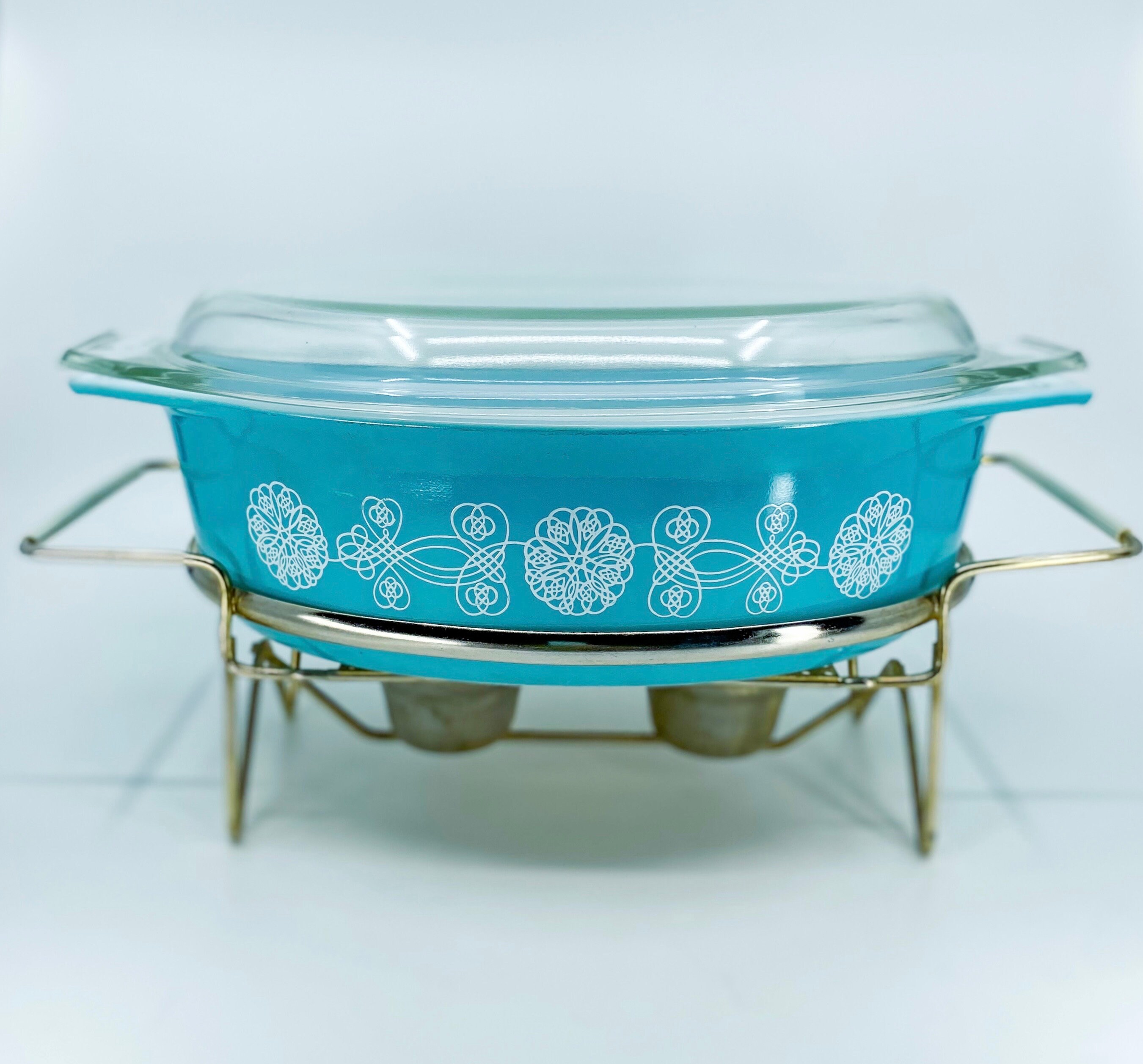Vintage 1957 Pyrex Promo Turquoise Lace Medallion 045 Dish W/ Lid and ...
