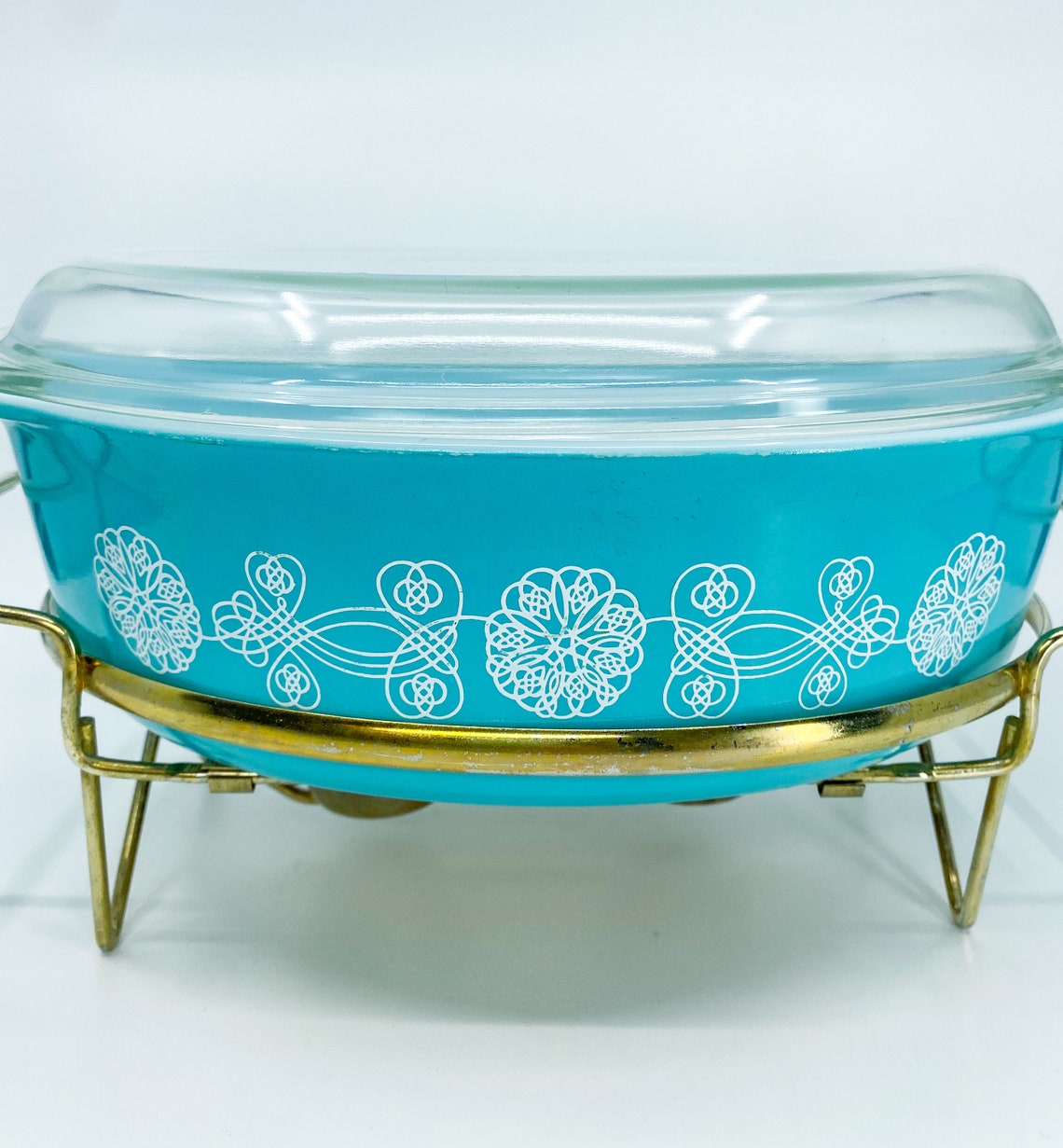 Vintage 1957 Pyrex Promo Turquoise Lace Medallion 045 Dish W/ Lid and ...
