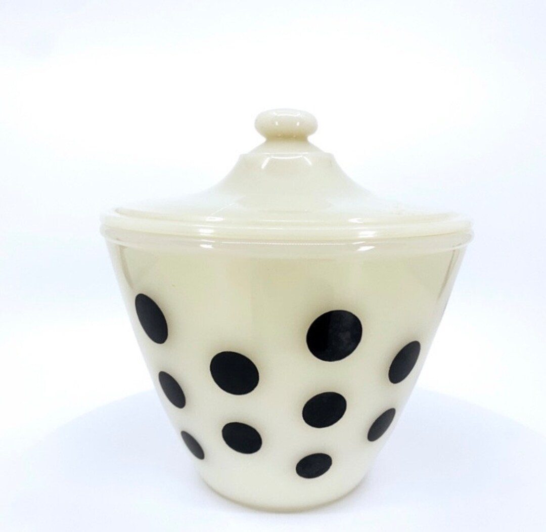 Vintage 1950s Fire King Black Polka Dot Milk Glass Grease Drippings Jar ...