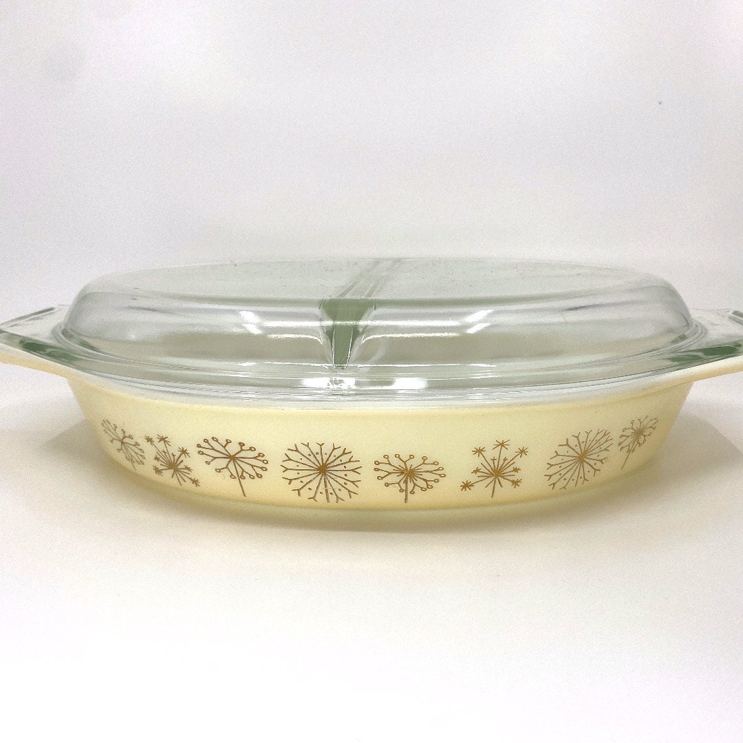 Vintage 1959 Pyrex Promo Dandelion Duet Divided Casserole W/ Lid and ...