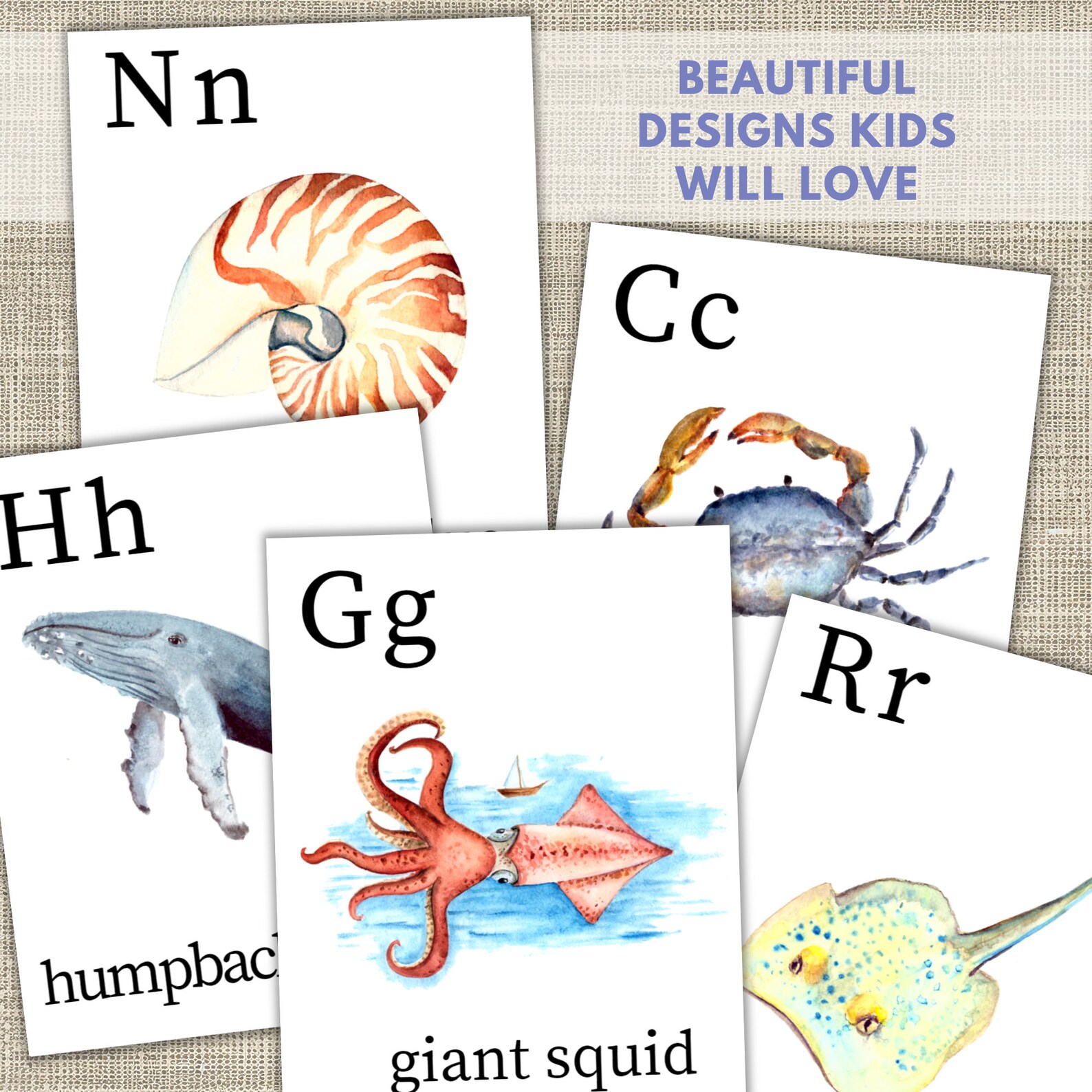 Ocean Alphabet Flashcards, Printable ABC Flashcards, Kids Ocean Animal ...