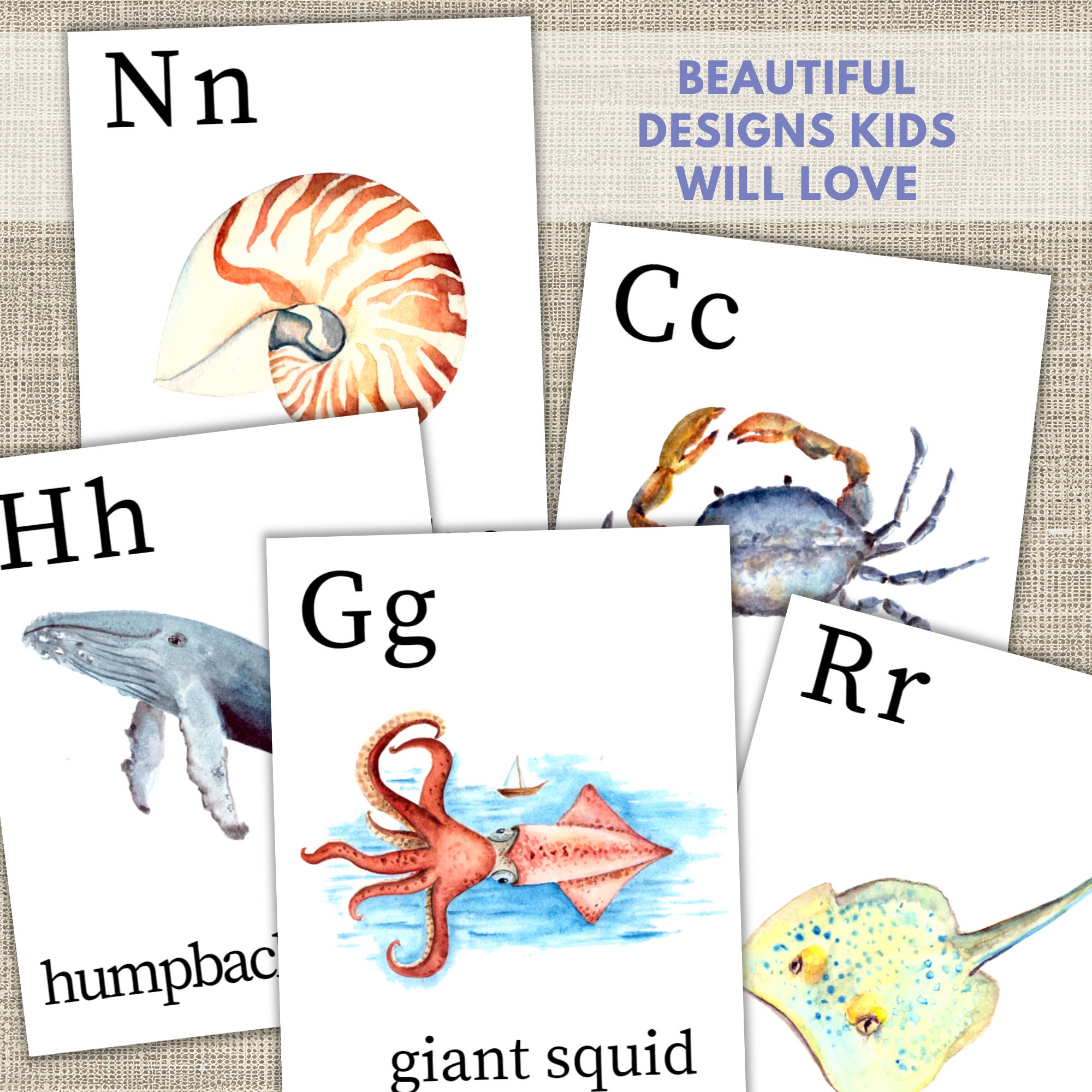 Ocean Alphabet Flashcards, Printable ABC Flashcards, Kids Ocean Animal ...
