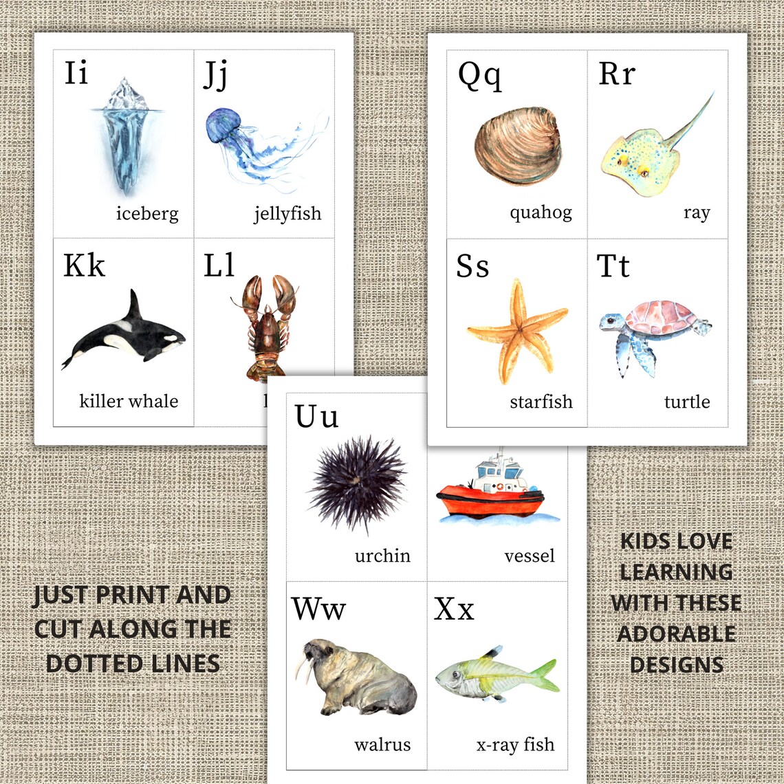 Ocean Alphabet Flashcards, Printable ABC Flashcards, Kids Ocean Animal ...