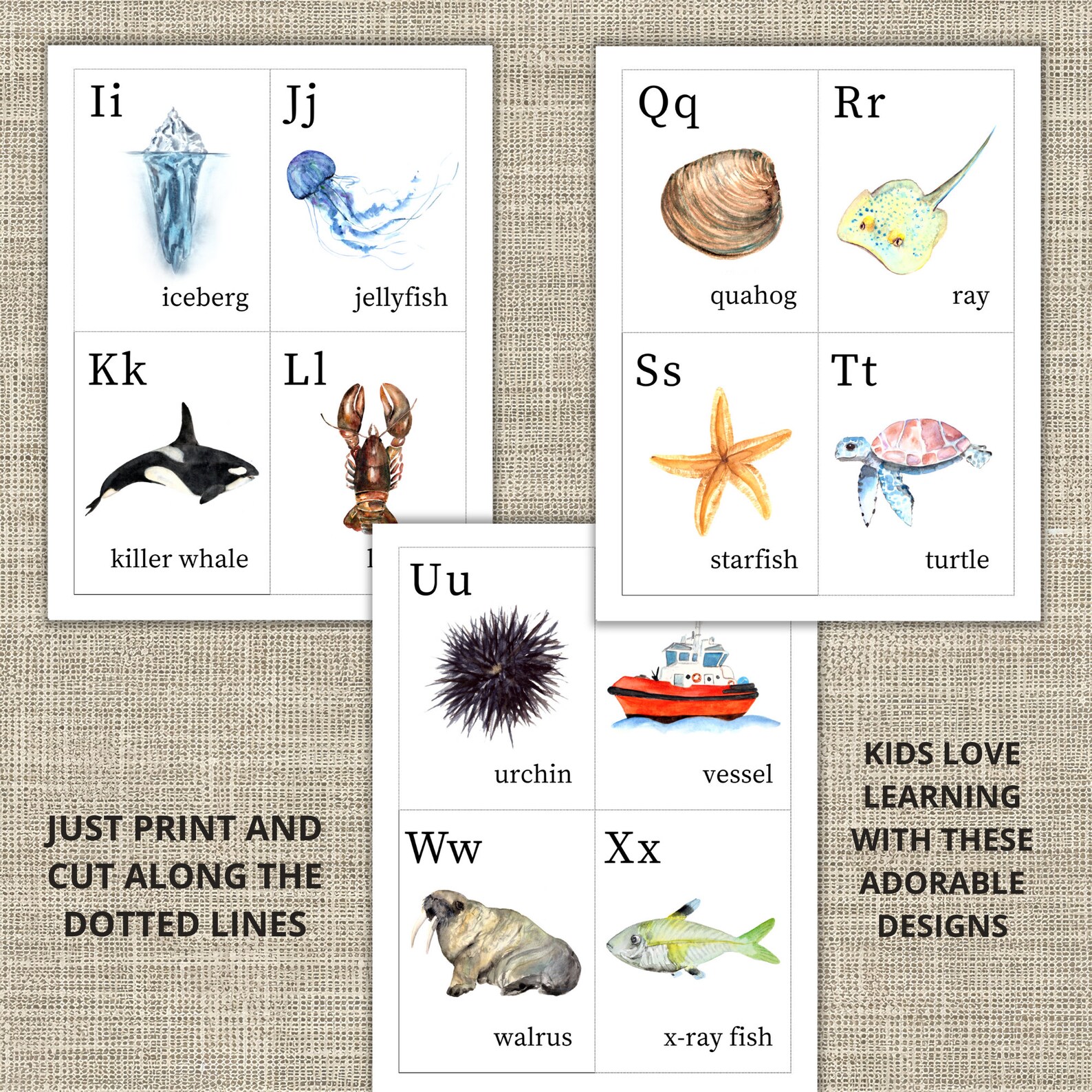 Ocean Alphabet Flashcards, Printable ABC Flashcards, Kids Ocean Animal ...
