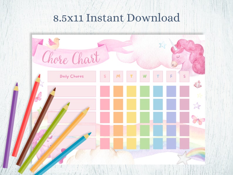 Unicorn Chore Chart for Girls: Daily Kids Responsibility (printable PDF ...
