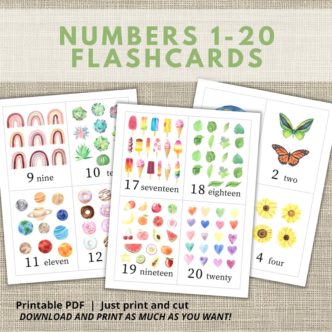 Number Flashcards, Numbers 1-20 Cards, Flash Cards, Preschool ...