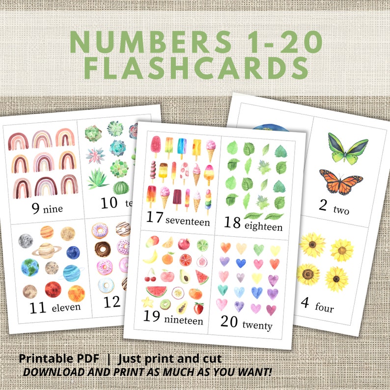 Number Flashcards, Numbers 1-20 Cards, Flash Cards, Preschool ...