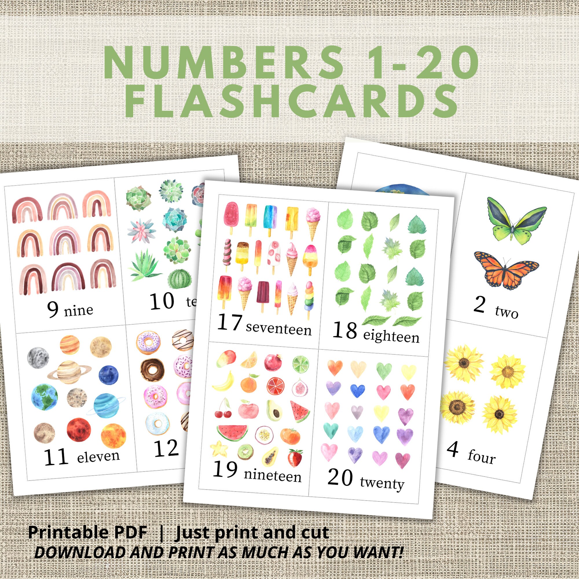 Number Flashcards, Numbers 1-20 Cards, Flash Cards, Preschool ...
