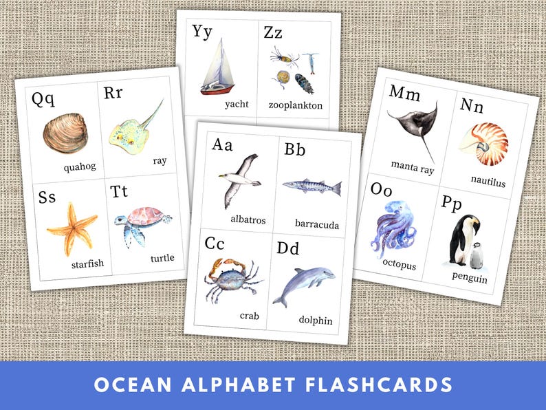 Ocean Animals Alphabet Flashcards: Watercolor ABC Cards (printable) - Etsy