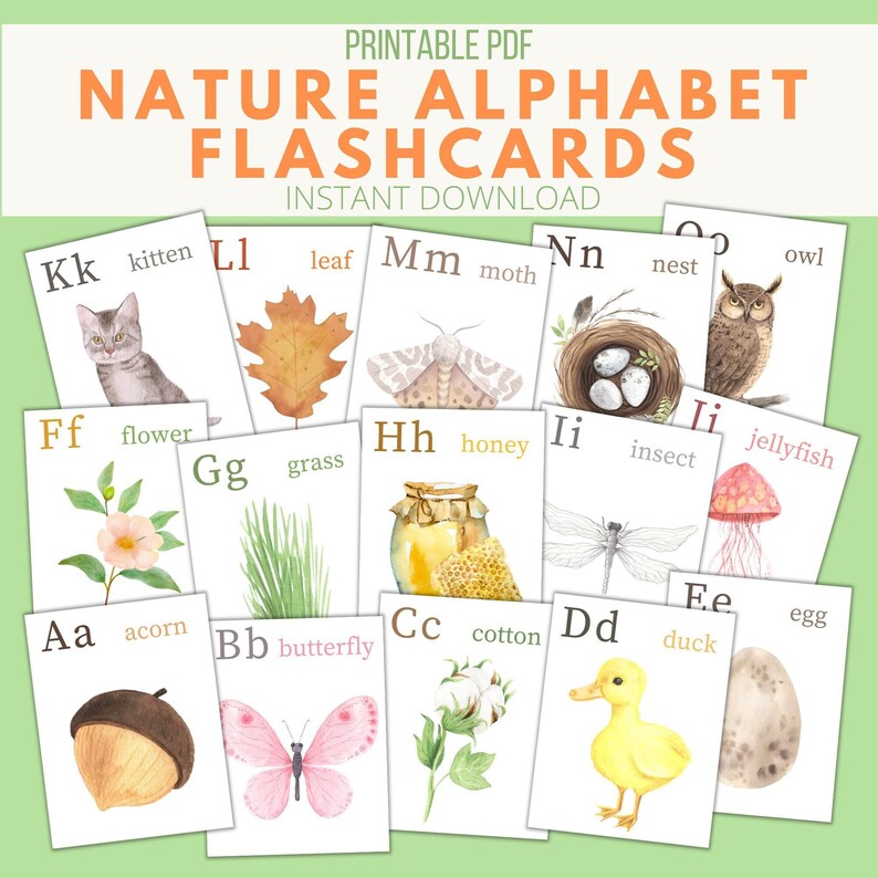 Alphabet Flashcards Printable ABC Flashcards Kids Nature - Etsy