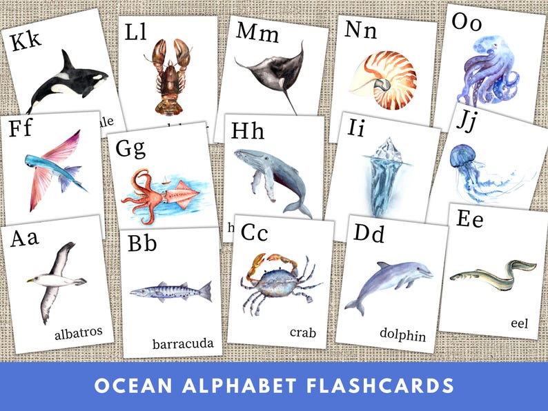 Ocean Alphabet Flashcards, Printable ABC Flashcards, Ocean Animals ...