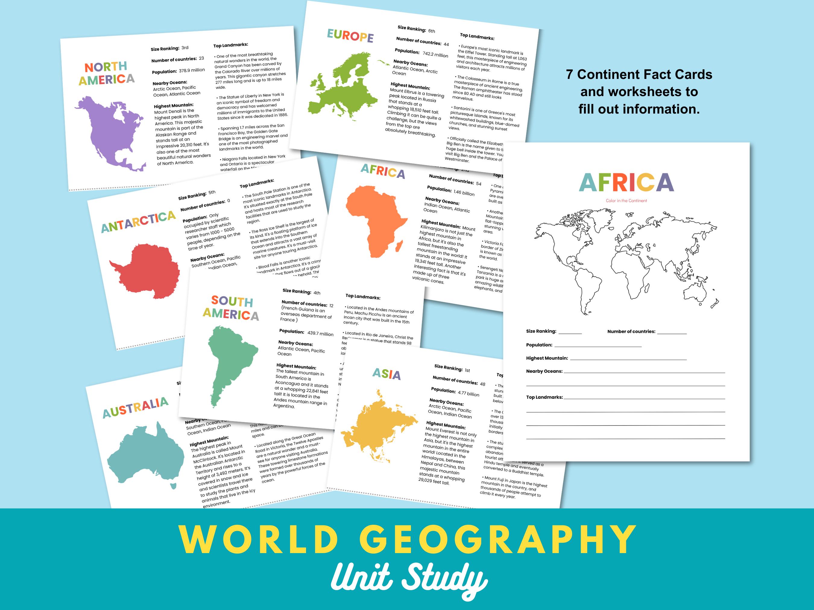 World Geography Unit Study: Continents, Animals, and Fact Cards - Etsy