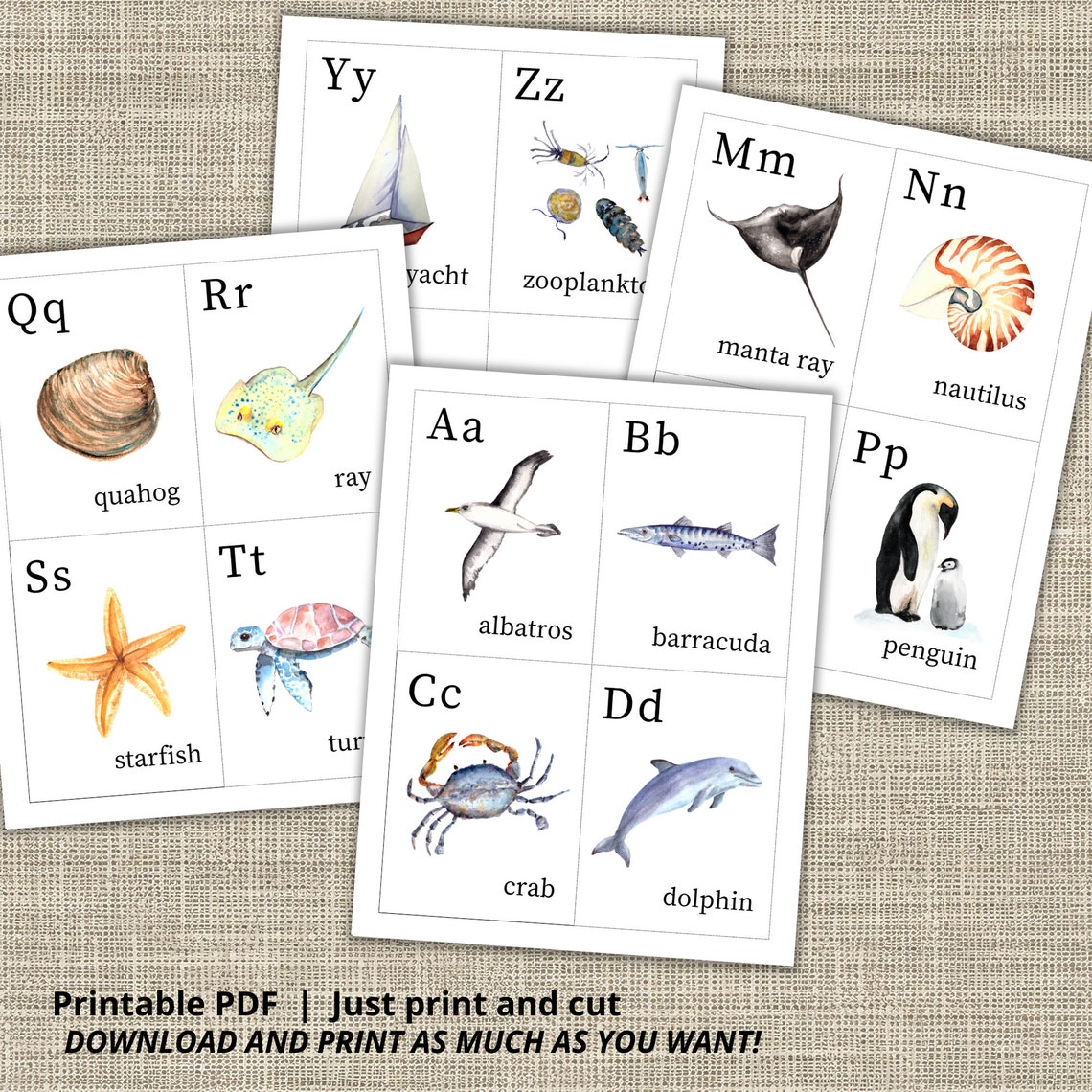 Ocean Alphabet Flashcards, Printable ABC Flashcards, Kids Ocean Animal ...