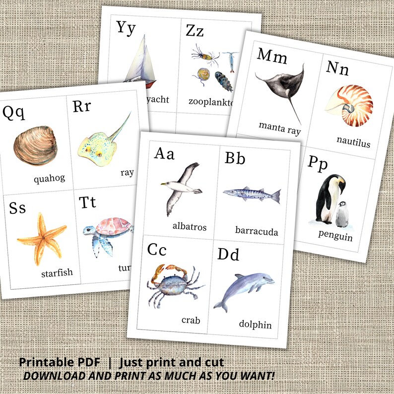 Ocean Alphabet Flashcards, Printable ABC Flashcards, Kids Ocean Animal ...