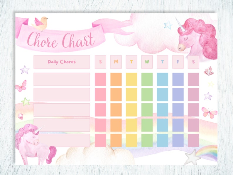 Printable Unicorn Chore Chart, Girl Daily Chore Chart, Chore Chart for ...