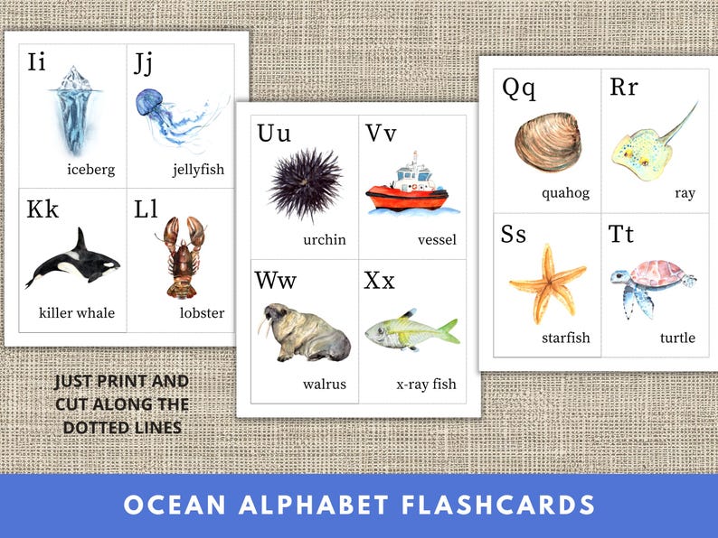 Ocean Animals Alphabet Flashcards: Watercolor ABC Cards (printable) - Etsy