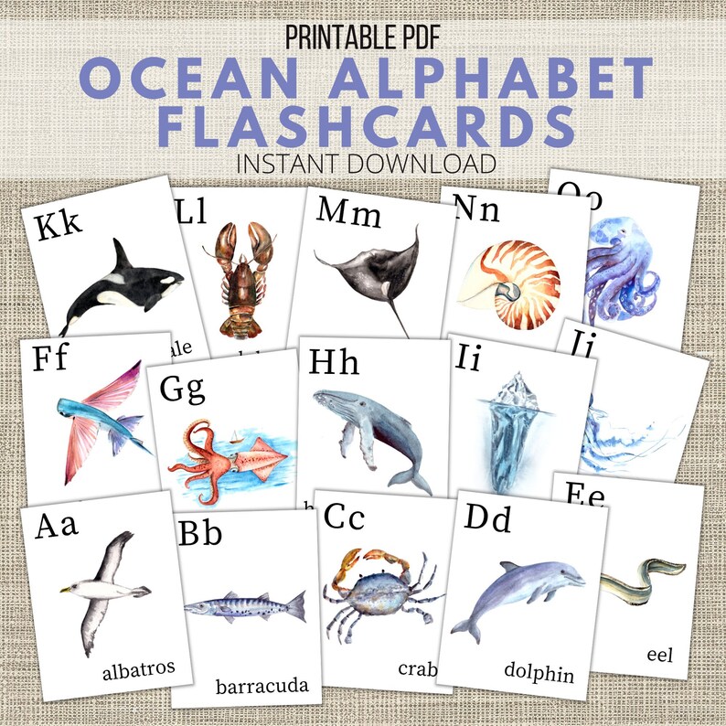 Ocean Alphabet Flashcards, Printable ABC Flashcards, Kids Ocean Animal ...