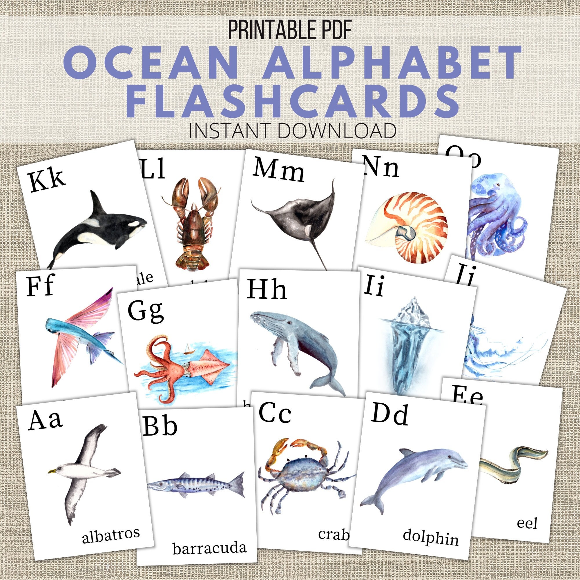 Ocean Alphabet Flashcards, Printable ABC Flashcards, Kids Ocean Animal ...